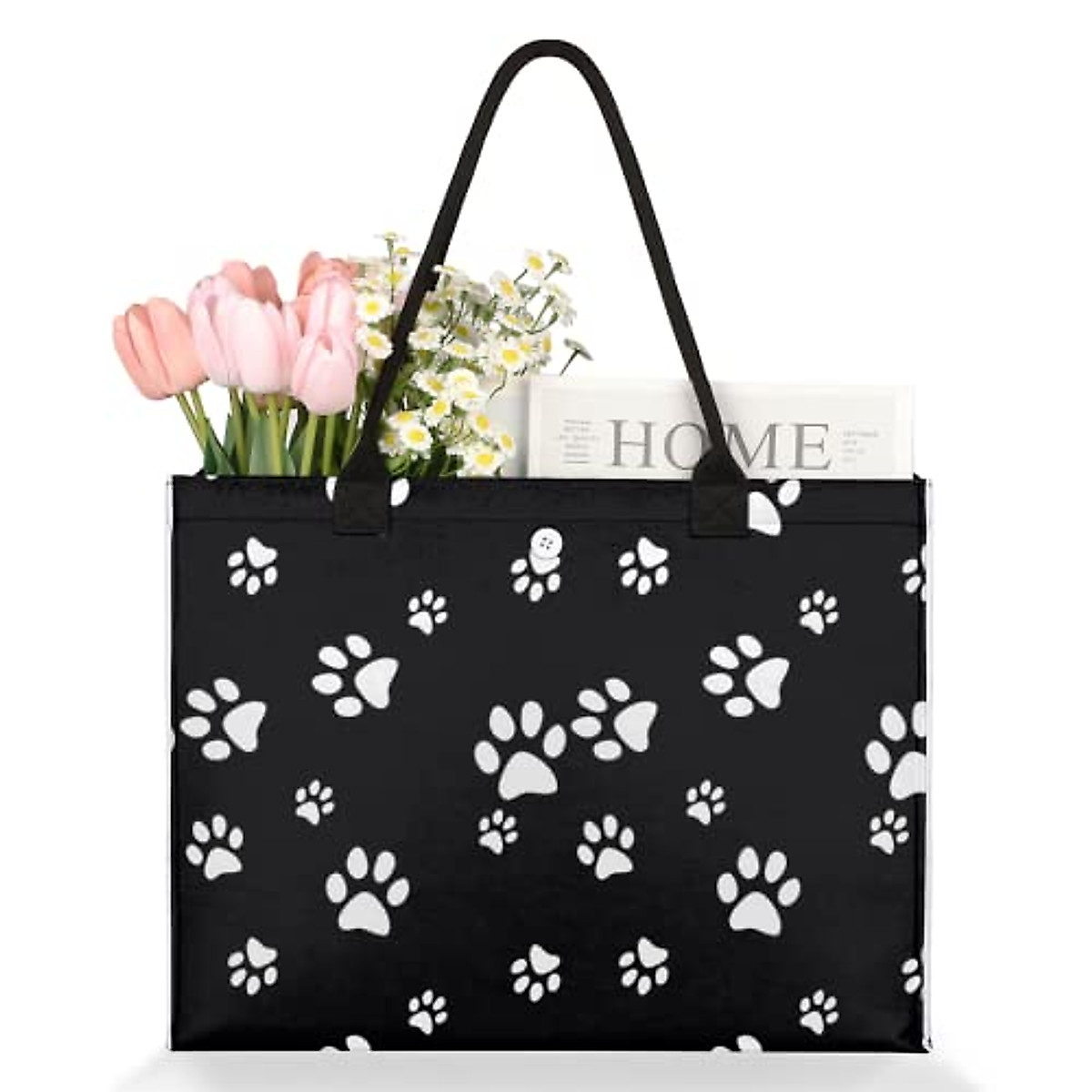 Puppy Paw Print Black Tote Bag For Women Travel Bag Reusable Grocery Bag Utility Tote For Work Shopping Pool Beach Bag for Gift Outdoor