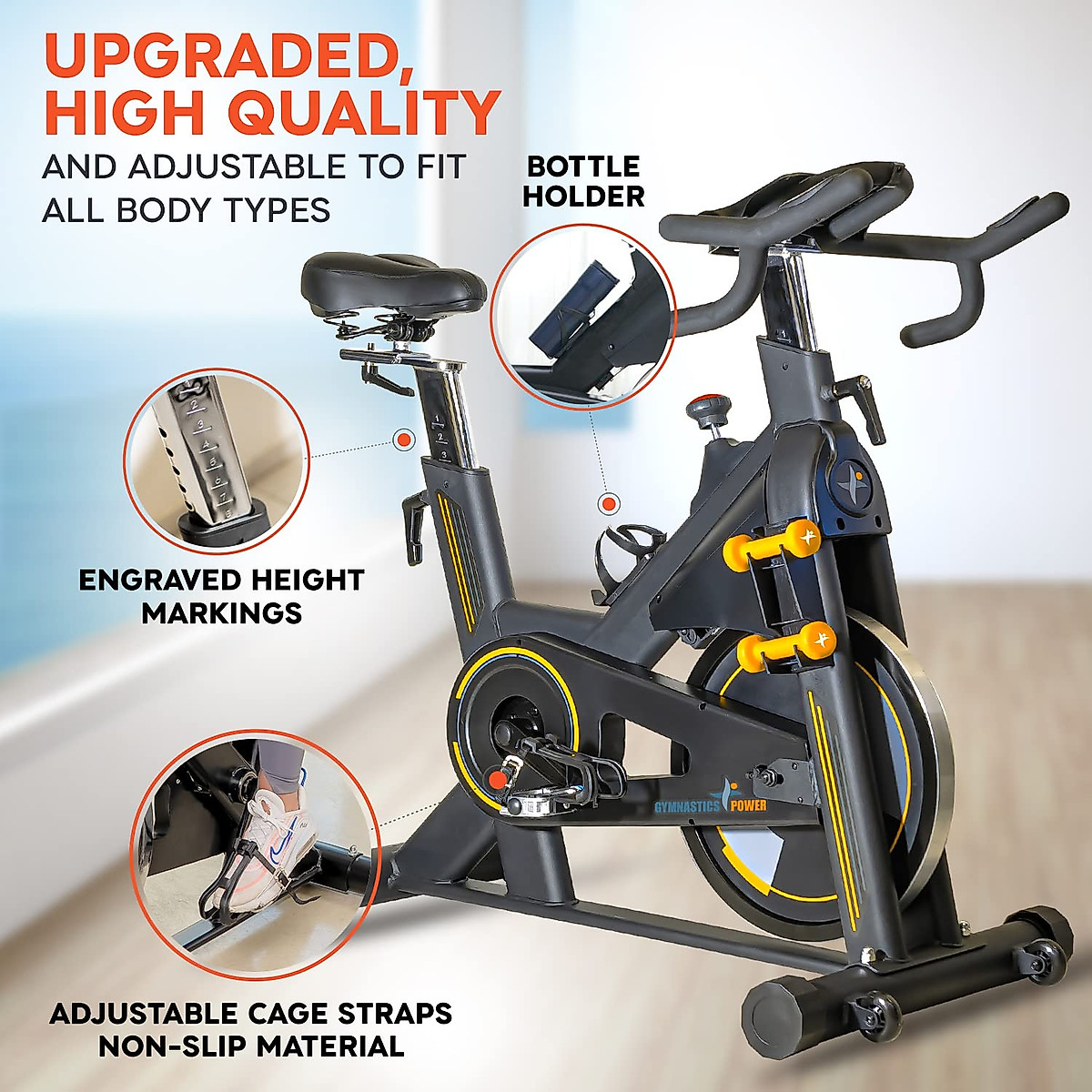 Gymnastics Power Indoor Exercise Bike Heavy-Duty 115 LB Magnetic Resistance, Includes 2X1 lb Dumbbells, Stationary Cycling Bikes for Home Exercise