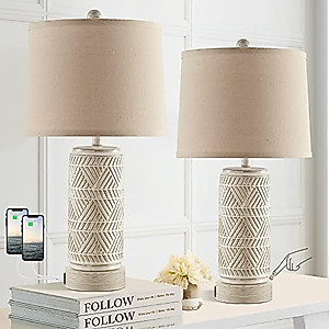 RORIANO Set of 2 Rustic Touch Ceramic Table Lamps for Living Room, 3 Way Dimmable with Dual USB Ports Bedroom Nightstand Lamp, Linen Fabric Shade Bedside Accent Desk Lamps, LED Bulb Included