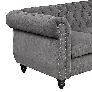 Bellemave Chesterfield Sofa Loveseat Mini Tufted Couch for Living Room Luxury Dutch Velvet Upholstered Small Sofa with Solid Wood Legs and Button Tufted Backrest for Apartment Office, 60" Grey