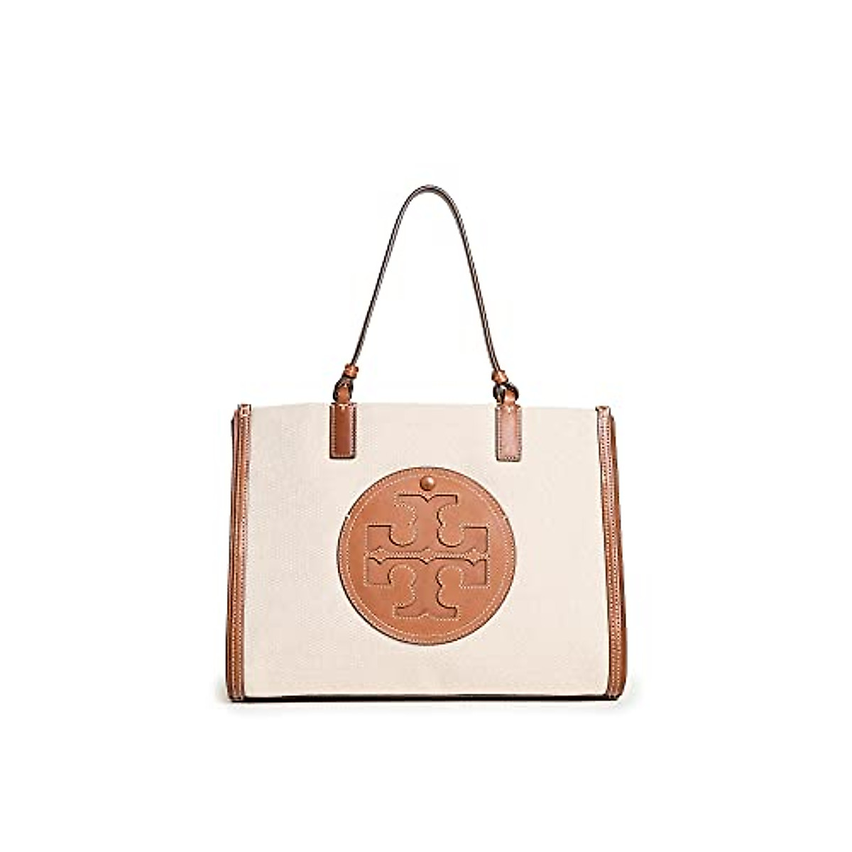 Tory Burch Women's Ella Canvas Small Tote, Natural/Classic Cuoio, Off White, One Size