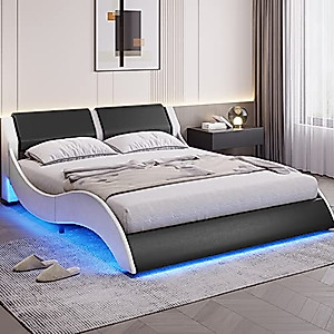DICTAC Queen LED Bed Frame with Headboard Modern Low Profile Upholstered Platform Bed Frame with LED Lights Queen Size Faux Leather Wave-Like Bed Frame,Strong Wood Slats,Easy Assembly,Black+White