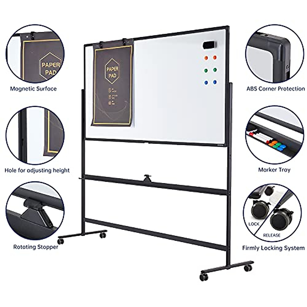 Large Dry-Erase Rolling Magnetic Whiteboard - 48 x 32 Inches White Board Height Adjust Double Sides Mobile Portable Easel on Wheels, Dry Erase Board with Stand for Office, Home & Classroom