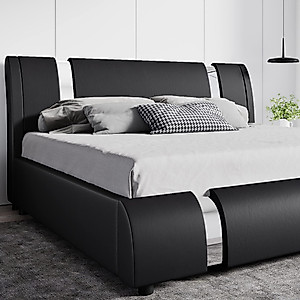 SHA CERLIN King Size Bed Frame with Iron Pieces Decor and Adjustable Headboard/Deluxe Upholstered Modern Platform Bed with Solid Wooden Slats Support/No Box Spring Needed, Black