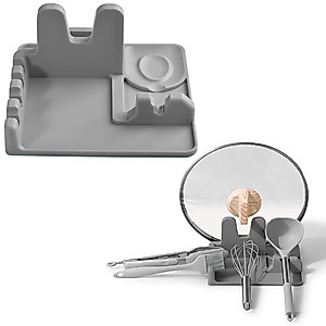 Cozihom Silicone Spoon Rest and Pot Lid Holder Stand for Kitchen Counter Top, Ladle/Spatula/Spoon/Tongs Holder, Food Grade Silicone, Heat Resistant, Anti-slip BPA-Free, Grey