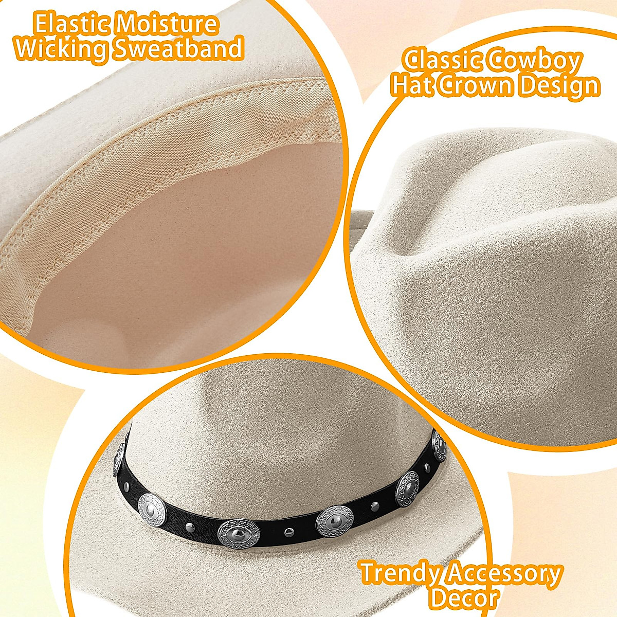 Hercicy 6 Pcs Felt Cowboy Hat Bulk Fall Western Wide Brim Hat for Burning Rodeo Belt Buckle Panama Hat for Men Women Cowgirl(Retro Style)