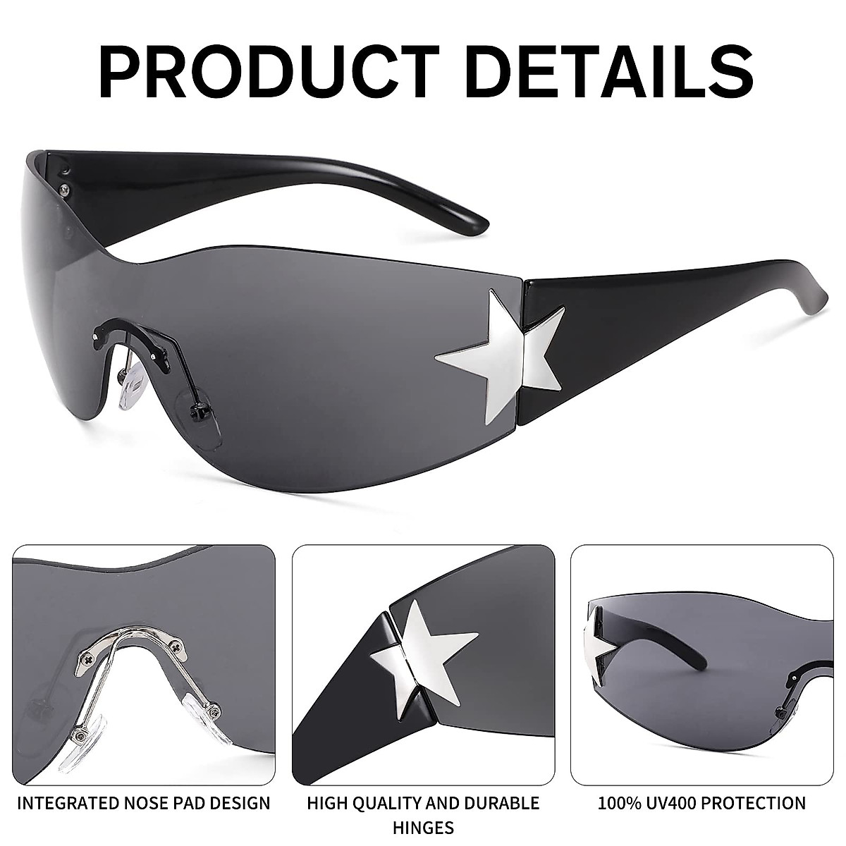 COASION Rimless 2000s Wrap Around Star Sunglasses Women Men Visor Shield Shades Oversized Fashion Frameless Sun Glasses (Black)