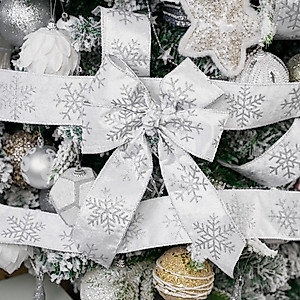 AIMUDI White Christmas Velvet Ribbon Wired 2.5 Inch Silver Glitter Snowflake Wired Ribbon for Wreaths White Ribbon for Christmas Tree, Gift Wrapping, Garland, Holiday Crafts, Topper Bows - 10 Yards