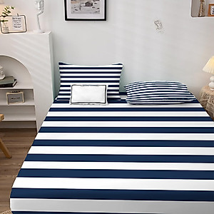 zcsm Nautical Sheets Queen Sheet Set - Navy Blue and White Stripe Bed Sheets, Soft Microfiber & Deep Pocket & Wrinkle Free Bedding Sheets & Pillowcases, 1 Fitted Sheet, 1 Flat Sheet, 2 Pillow Cases