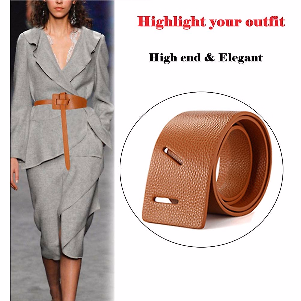 ALAIX Women's Leather Belt Dress Belt for Jumpsuit Coat Fashion Tie a Knot Waist Belt Brown