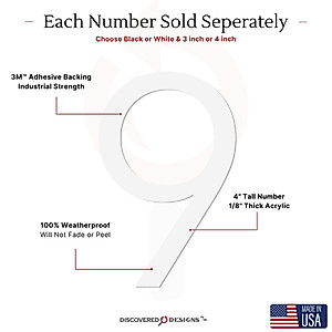 Discovered Designs - Premium Individual 3D Acrylic Mailbox Number – Self Stick – Long Lasting – Weatherproof – Made in USA (White 4 inch, Number 9)
