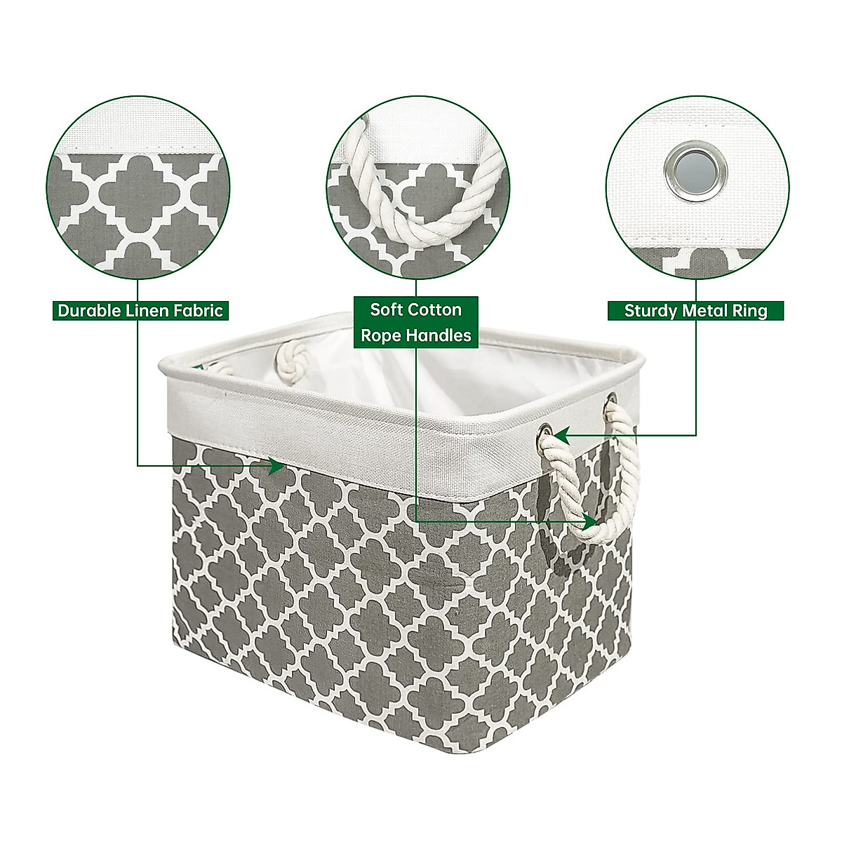 Cozyaver Storage Baskets for Shelves, 13'' x 13'' x 13'' Cube Organizing Closet Nursery Toy Decorative Linen Fabric Organizers with Cotton Handles, 3 Pack Grey Clover