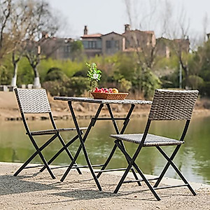 NURTUDIS 3pcs Folding Patio Bistro Set,Outdoor Rattan Bistro Table and Chairs,Wicker Outdoor Chair Furniture Set with 1 Table & 2 Chairs,No Assembly for Garden,Porch,Balcony,Courtyard,Lawn (Grey)