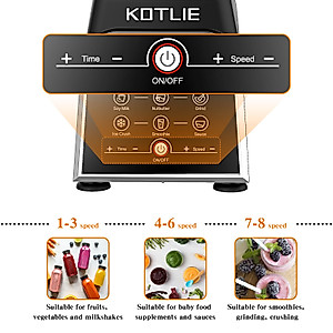 KOTLIE Blender 68 Oz Shakes & Smoothies Countertop Blender, 1200W 28000RPM High Speed Food Processors, Smoothie Blender with 8 Smart Functions for Baby Food, Crushing Ice or Frozen Drinks(Black)