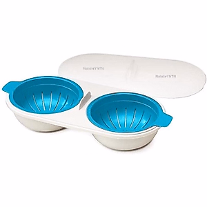 WWLUCKY Draining Egg Boiler for Microwave, Perfect Double Egg Poacher, Silicone Egg Boiler Cups, Double Egg Cups for Boiled Eggs, Draining Egg Boiler Set, Kitchen Cooking Gadget Tools, Blue