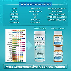 17 in 1 Premium Drinking Water Test Kit - 100 Strips + 2 Bacteria Tests - Home Water Quality Test - Well and Tap Water - Easy Testing for Lead, Bacteria, Hardness, Fluoride, pH, Iron, Copper and more!