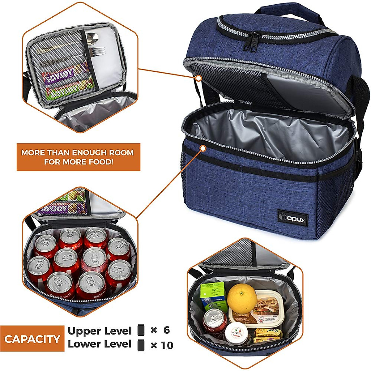 OPUX Lunch Box For Men Women, Insulated Large Lunch Bag Adult Work, Double Decker Lunchbox Meal Prep Dual Compartment Leakproof Lunch Cooler, Soft Lunch Pail Tote Boys Girls Kids School, Navy Blue 12L