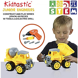 Kidtastic 3 Pack Construction Vehicles Trucks Toys Set, Take Apart STEM Learning Toy with Excavator, Dump Truck, Bulldozer, Tools and Drill Fun Educational Toy for Toddler, Girls and Boys