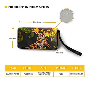 xixirimido Yellow Sunflower Giraffe Pattern Women's Wallet Handbags with Wristlet Pu Leather Bifold Cell Phone Coin Purse for Travel Work
