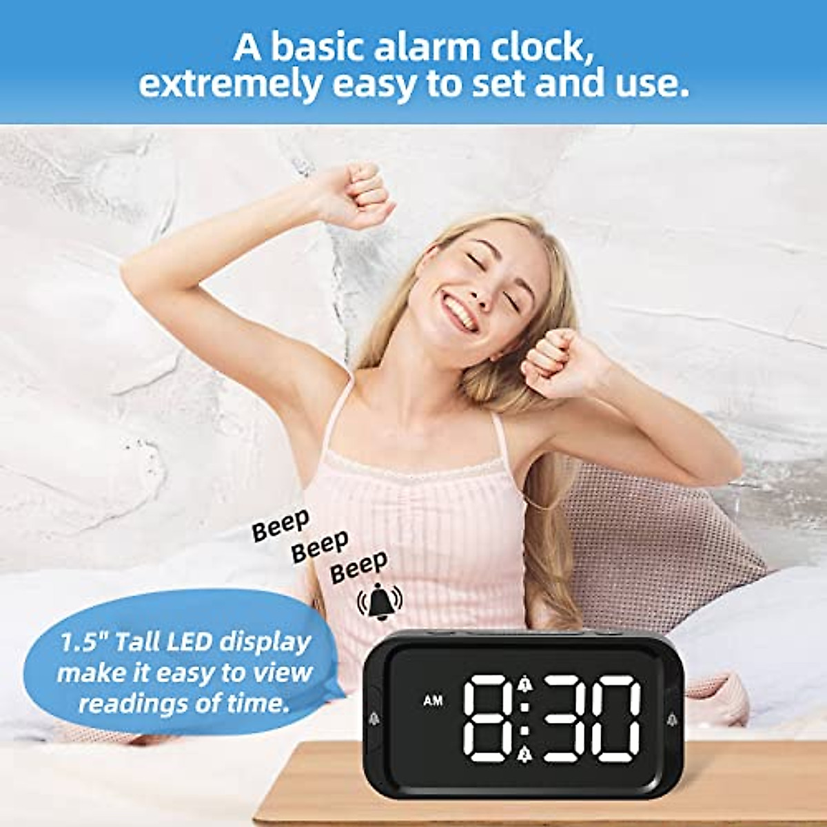 Searon Alarm Clock for Bedroom - Digital Desk Clock for Kids Dimmable LED Display, Dual Loud Alarms, Programmable Snooze, 12/24H, DC 5V/1A USB Port Charger - 5.6 x 2 x 2.8 Inches