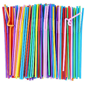ALINK 300 PCS Flexible Plastic Drinking Straws, Black + Colored Disposable Bendy Party Fancy Straws