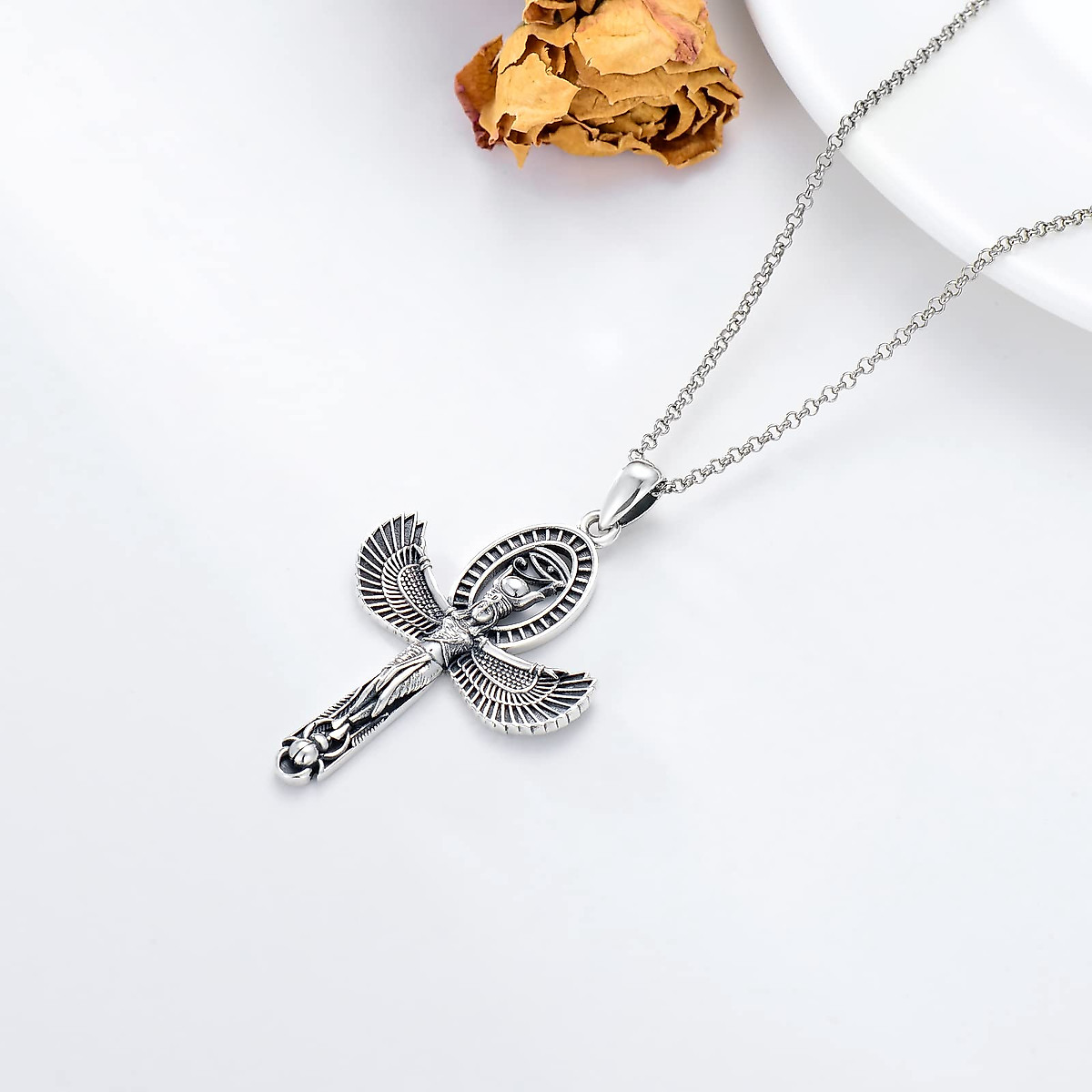 SIMONLY Sterling Silver Egyptian Goddess Necklace Ancient Egypt Jewelry Horus Gold Ankh Pendant Womens Accessory Ancient Mother Gifts