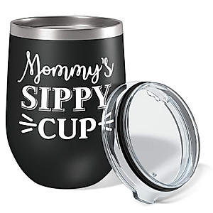 Mommy's Sippy Cup on 12 oz Black Stainless Steel Gift Travel Wine Tumbler