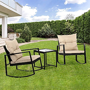 Dkeli Outdoor Rocking Chairs 3 Pieces Pe Wicker Bistro Sets with Glass Coffee Table Front Porch Furniture Rocking Chairs Set of 2 for Backyard Porch Balcony Lawn, Beige Cushion