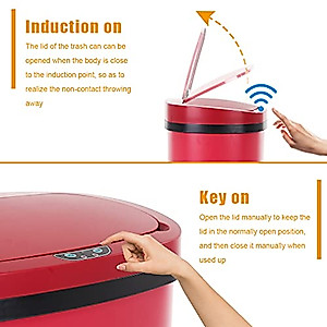 HHS Trash Can Garbage Can Stainless Steel 13 Gallon Trash Can with Lid Touchless Metal Kitchen Trash can Wastebasket for Bathroom, Bedroom, Kitchen and Office (5 Liter) Red…
