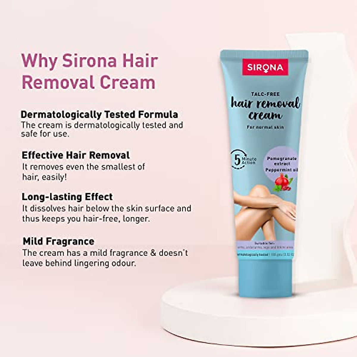 Sirona Hair Removal Cream for Women - 3.38 Fl Oz | with No Talc, No Harmful Chemicals | Ideal for Bikini Line,Underarm, Legs | Dermatologically Tested
