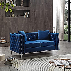 Harper & Bright Designs Velvet Upholstered Loveseat Sofa, 59.4'' Wide Blue Velvet Sofa with Jeweled Buttons, Square Arm, Two Pillows Included for Living Room, Office
