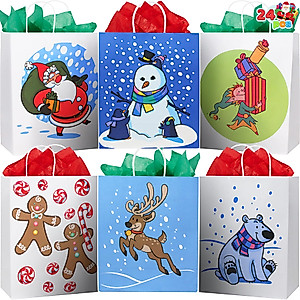JOYIN 24 Christmas Kraft Paper Gift Bags with Handles Blue and White with Assorted Christmas Prints for Holiday Christmas Goody Bags, Xmas Gift Bags, School Classrooms and Party Favors
