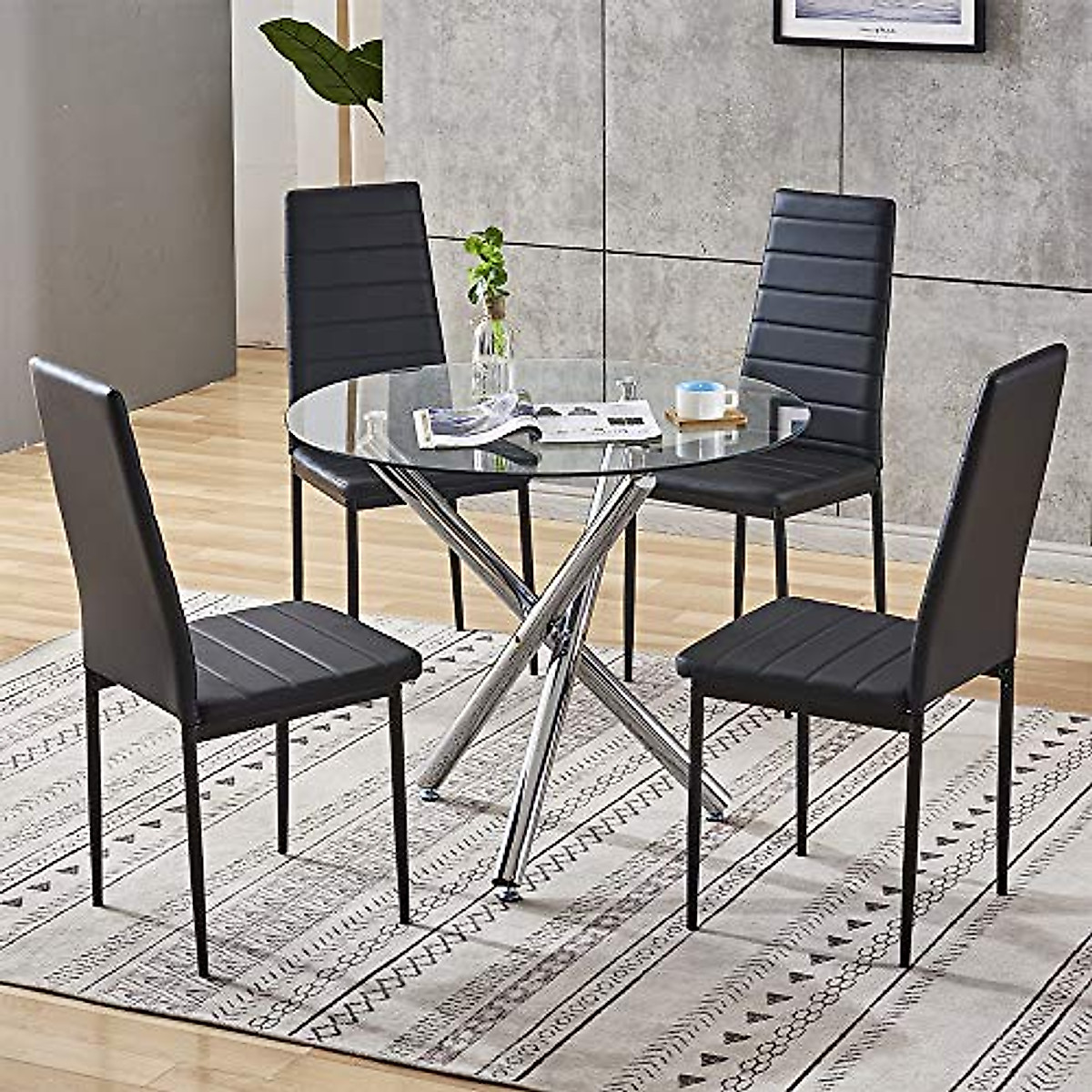 QIHANG-US Round Dining Table for 2-6 People Tempered Glass Dining Room Table with Chrome Finishing Legs, 35" Kitchen Table for Dining Guest Reception, Home Kitchen Furniture