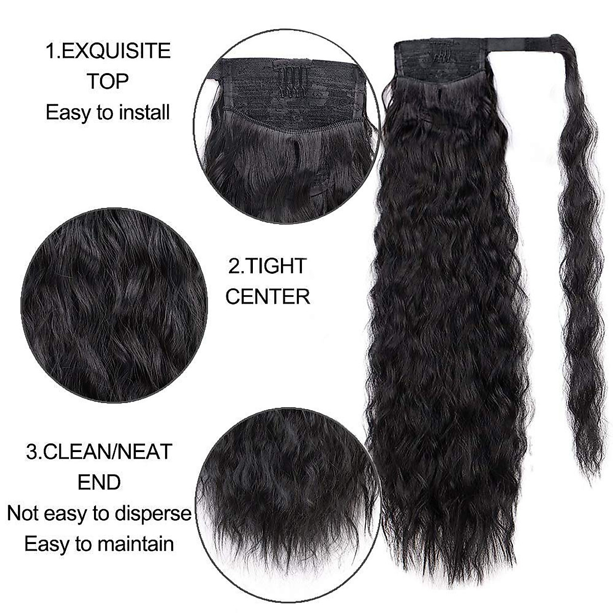Stamped Glorious Long Corn Wave Ponytail Extension Magic Paste Heat Resistant Wavy Synthetic Wrap Around Ponytail Black Hairpiece for Women (22 Inch, 22 Inch-Black)