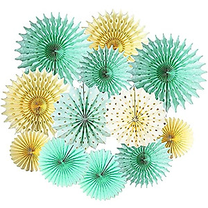 Mint Gold Birthday Decorations for Women Mint Cream Gold Polka Dot Paper Fans for Trial Baby Shower Decorations Mint Gold Wedding/Mint First Birthday Bridal Shower Decorations