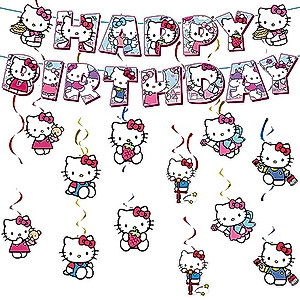 Kitty Birthday Party Supplies for Girls, Kitty Theme Happy Birthday Banner with 12pcs Hanging Swirls Decorations for Kitty Party Decorations, Kitty Birthday Party Favors
