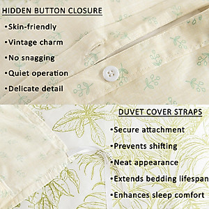 LEMIROE 100% Cotton Duvet Cover Queen Size,Botanical Design with Green Tropical Leaves on White,Beige Reversible Bed Sets 3Pcs,Button Closure