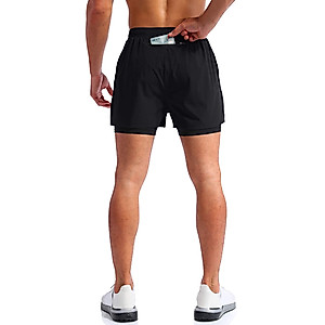 Pudolla Men’s 2 in 1 Running Shorts 5" Quick Dry Gym Athletic Workout Shorts for Men with Phone Pockets(Black Medium)