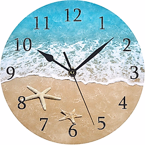 ATEDEANEI Silent Decorative Wall Clock Two Starfish Wooden 10 Inch Wall Decor Arabic Numerals For Bedroom Living Room Kitchen Bathroom