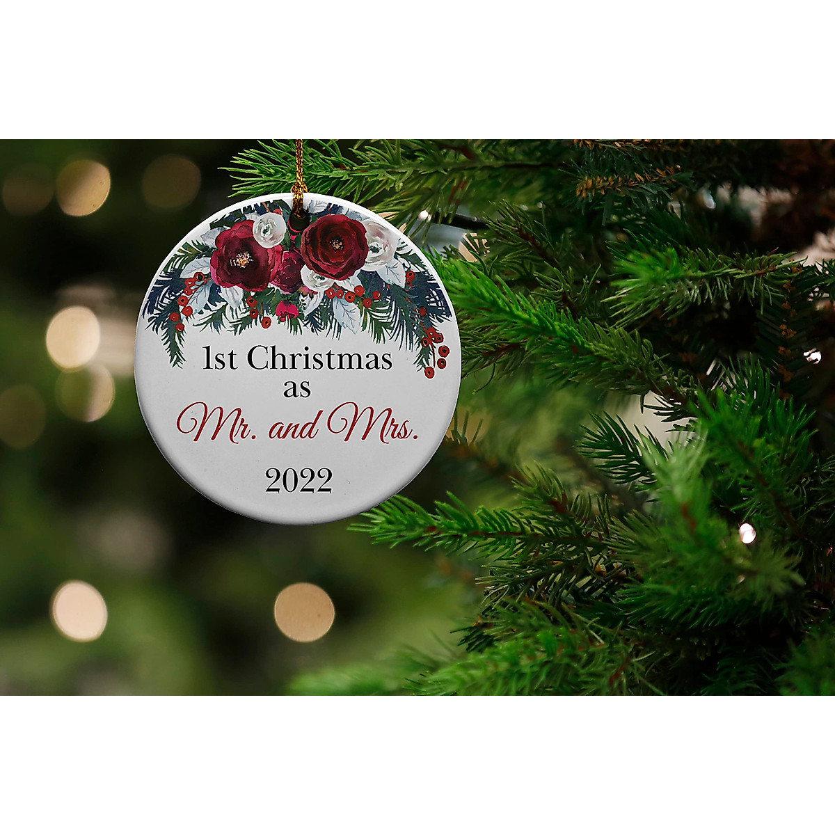 1st Christmas as Mr. and Mrs. Ceramic Christmas Tree Ornament Collectible Holiday Keepsake 2.875" Round Ornament in Decorative Gift Box with Bow- Perfect 1st Wedding