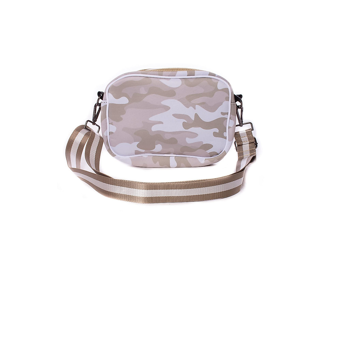 Haute Shore Drew Sahara Crossbody Tote Beige Camo WRose Gold and White Stripe