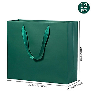 Umoofine Large Green Gift Bag with Ribbon Handles 12 Pack, 12.6x4.5x11 inches Extra Large Blackish Dark Green Gift Bag , Reusable Heavy Duty Deep Green Kraft Bag Paper Bags Bulk for Shopping, Wedding,