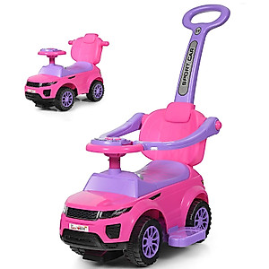 Costzon 3 in 1 Ride on Push Car, Stroller Sliding Walking Car with Horn, Music, Light, Under Seat Storage, Parental Handle, Armrest Guardrails, Ride on Toy for Boys & Girls (Pink)