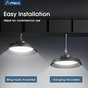 Amico 250W 6 Pack UFO LED High Bay Light, 35,000lm 0-10V Dimmable LED High Bay Lights, AC100-277V High Bay LED Lighting with US Hook 5' Cable for Gym Factory Barn Warehouse, UL Listed