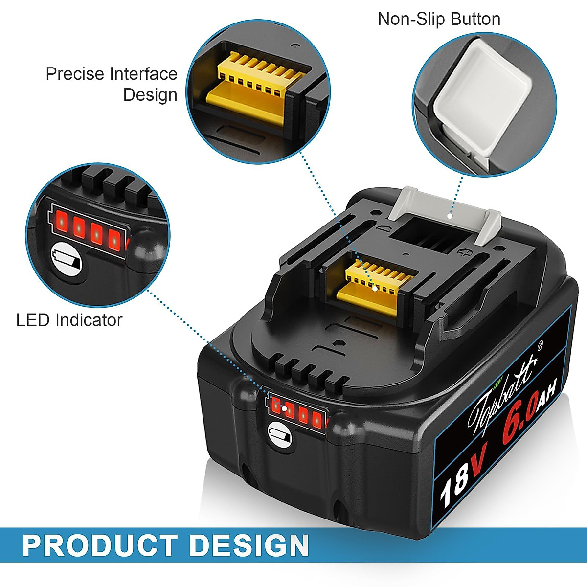Topbatt 18 V 6.0Ah Lithium-ion BL1830 Replacement Battery Suitable for Makita 18V Battery BL1815 BL1820 BL1820B BL1830B BL1835 BL1840 BL1850 BL1860 Cordless Power Tools