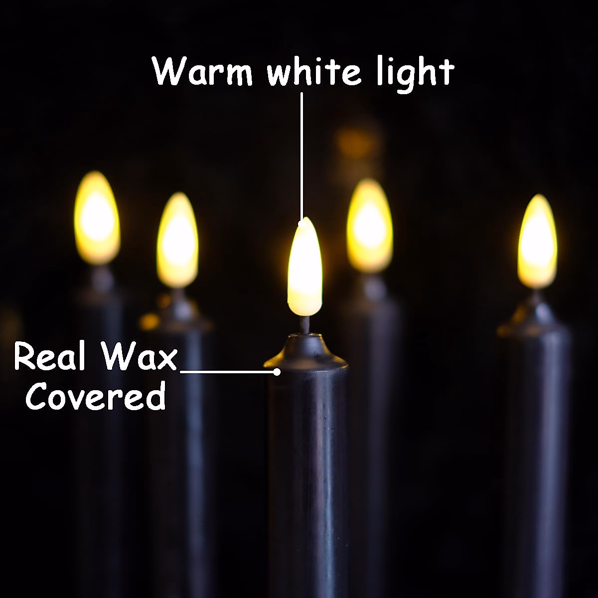 NONNO & ZGF 6PACK Real Wax Black Flameless 8'' Battery Powered Windows Candles with Remote and Timer & Candlestick. Removable Black Candleholders, Patented