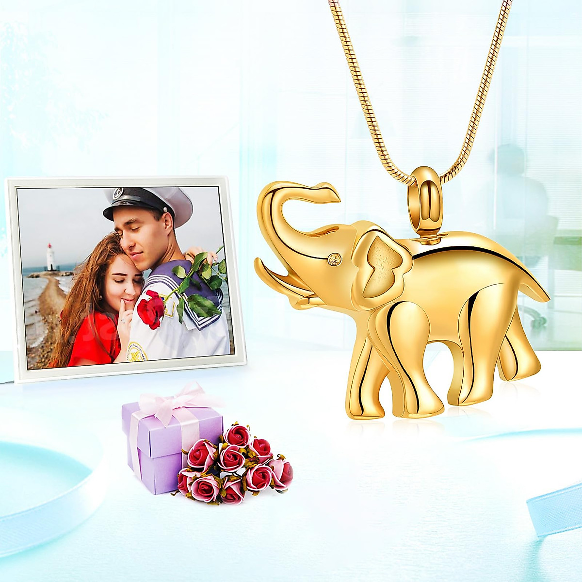AIWENXI Animal Cremation Jewelry Elephant Urn Necklace for Ashes Stainless Steel Memorial Necklaces Keepsake Jewelry for Human Pet Ash Holder with Filler Tool(Gold)
