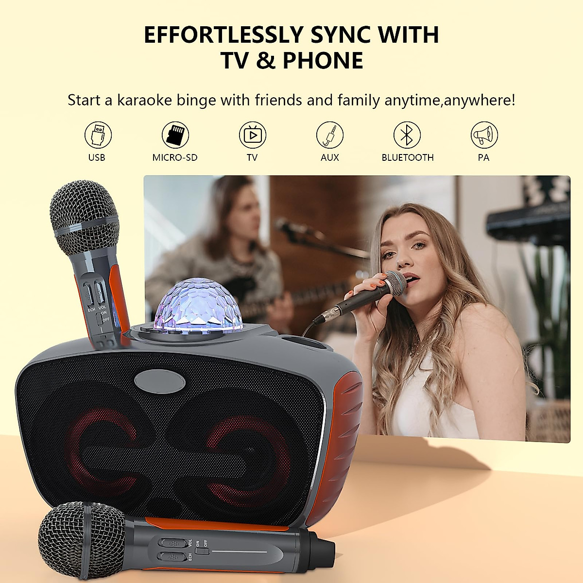 Portable Bluetooth Karaoke Machine with 2 Wireless Mics, SINWE PA Speaker with Disco Ball & Party Lights for Adults/Kids, Outdoor/Indoor Use. Perfect for Weddings, Churches, Picnics [Orange]
