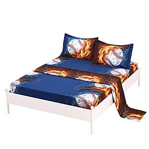 SDIII 4PCS Baseball Sheets Twin, Bed in a Bag Baseball Bedding Sheet Set, Soft Microfiber, Wrinkle and Fade Resistant, Sports Sheets for Boys Girls Kids Teens on Amazon, Twin