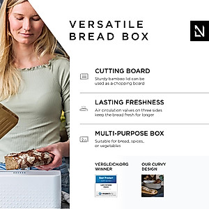 LARS NYSØM Bread Box I Metal bread box with linen bread bag for long lasting freshness I Bread box with bamboo lid usable as cutting board I 13.4x7.3x5.3In (Onyx Black)